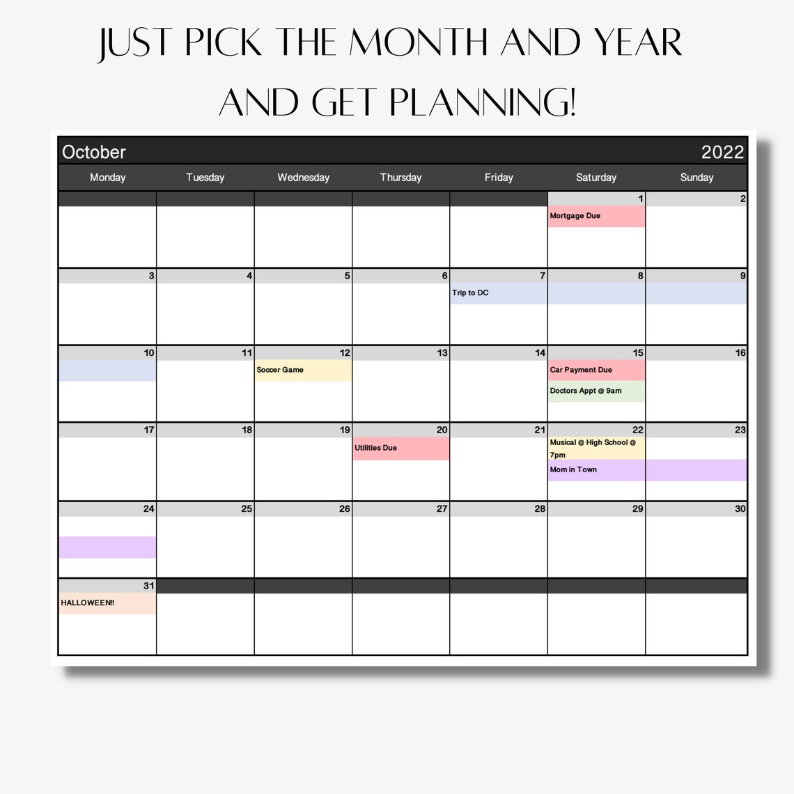 Monthly Calendar - Excel Template - Organization & Planning - Etsy