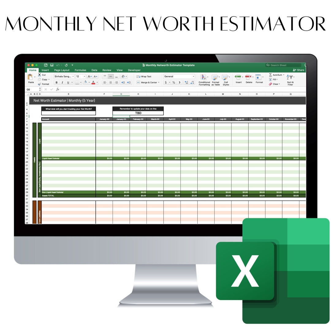 Monthly Net Worth Estimator - Excel Template - Personal Finance ...