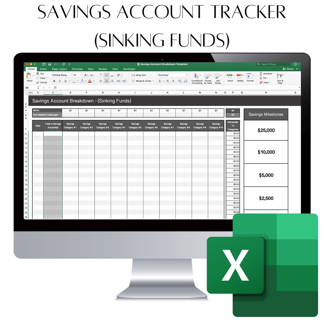 Savings Account Breakdown - Sinking Funds - Excel Template - Personal ...