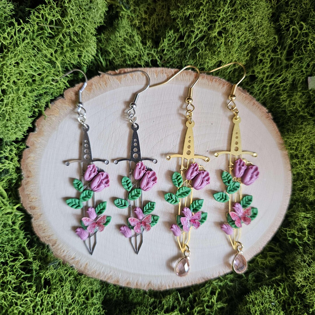 Pink Tulip Sword Earrings: Clay Floral Daggers, Fairycore Jewelry - Etsy