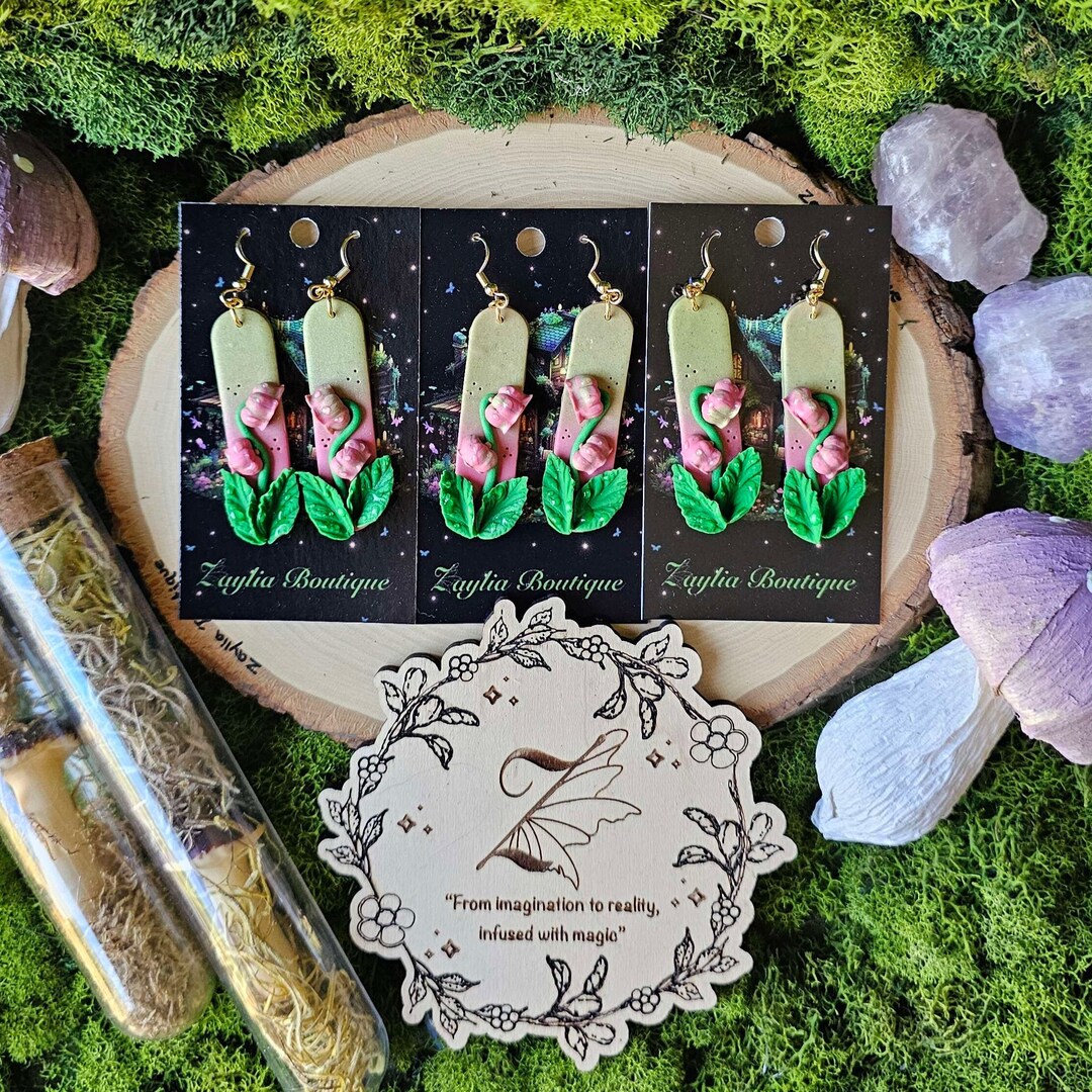 Pink and Green Lily of the Valley Clay Earrings, Fairycore Earrings ...