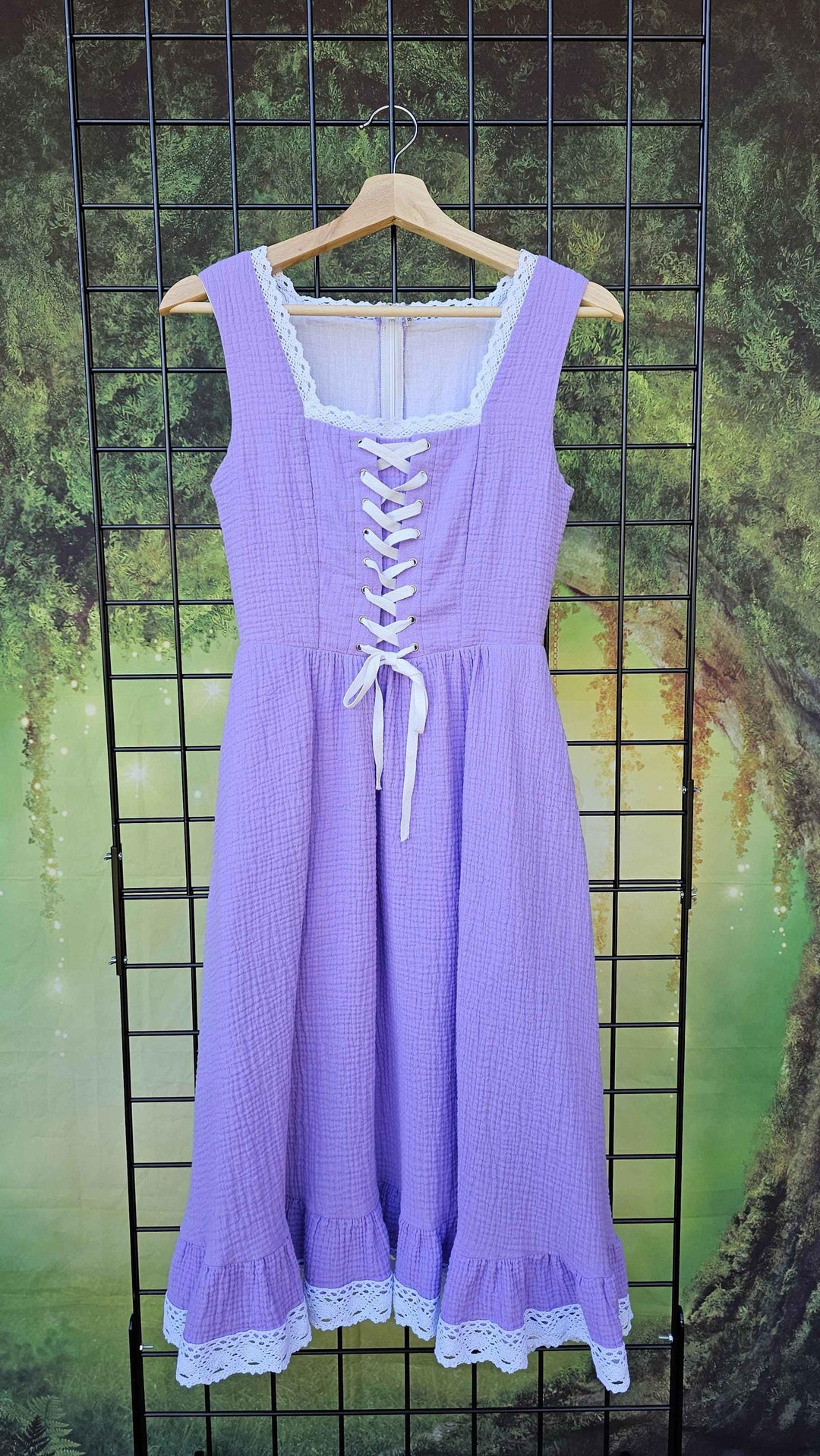 Lavender Cottagecore Dress – Purple Corset Midi Dress in Cotton Gauze ...