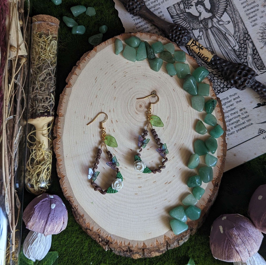 Clay Rose Vine Fairycore Earrings, Butterflies, Renfaire Jewelry ...