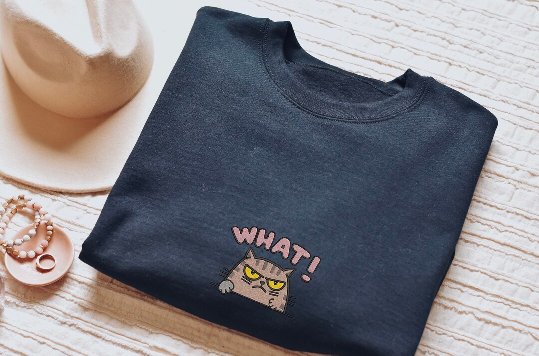 Cute Little Grumpy Cat Embroidered Adult Sweatshirt Jumper Sweater ...