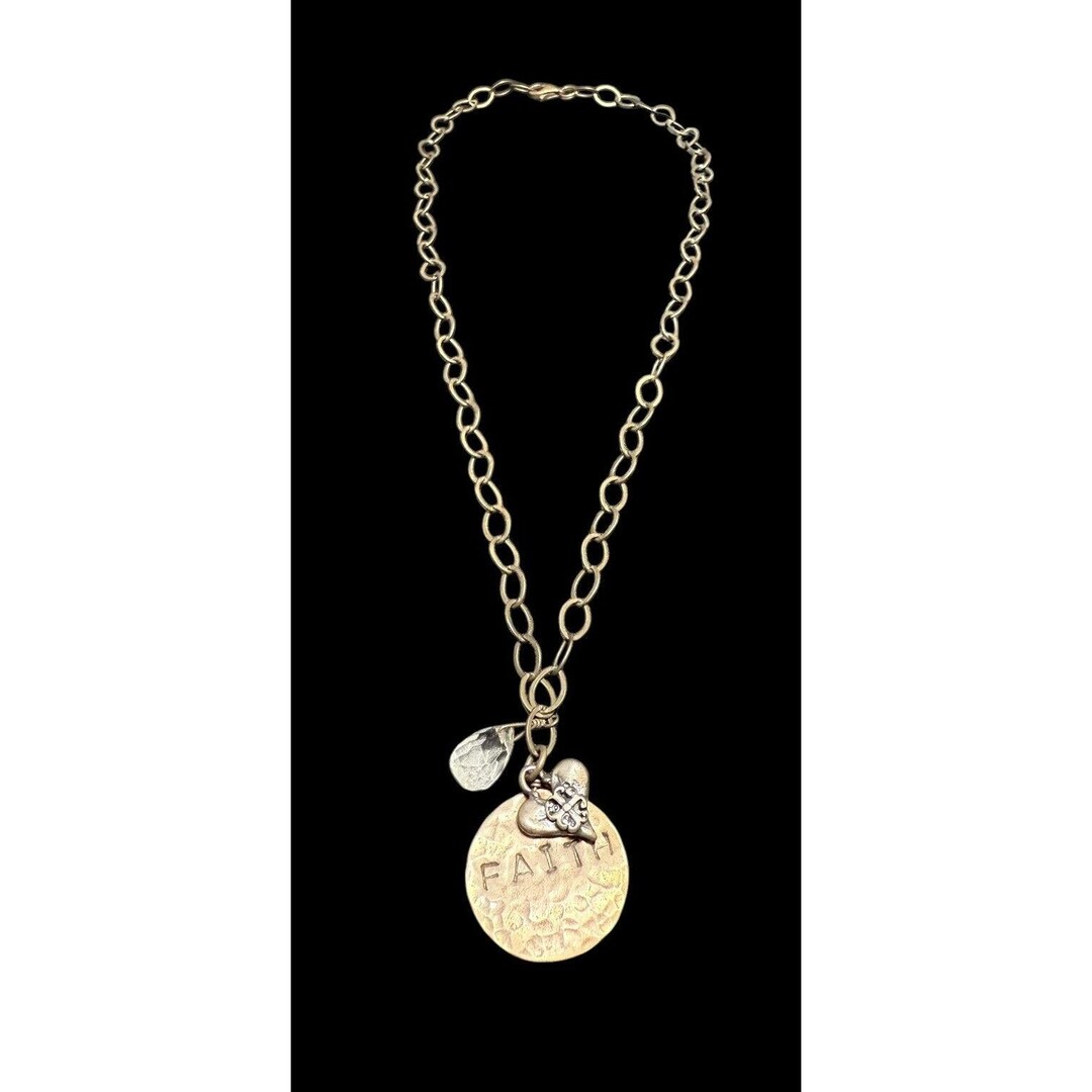 Vintage 925 Hammered Round “faith” Pendant Heart Crystal Oval Chain ...