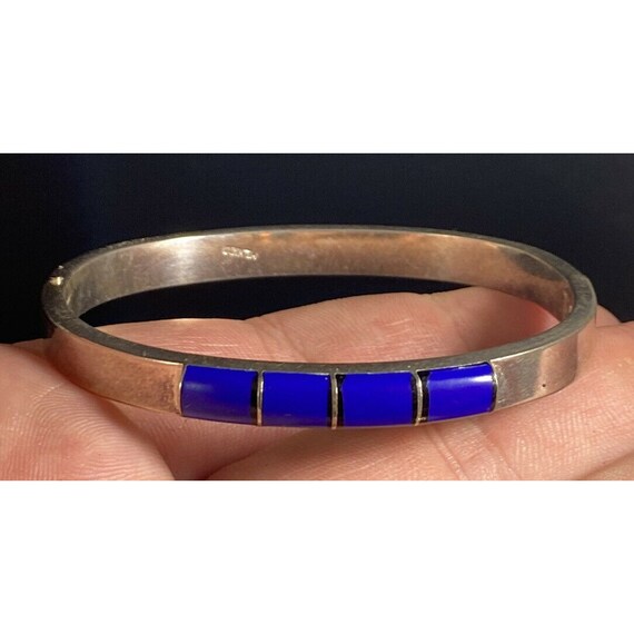 925 Sterling Mexico Lapis Inlay Clamp Bangle Bracelet… - Gem