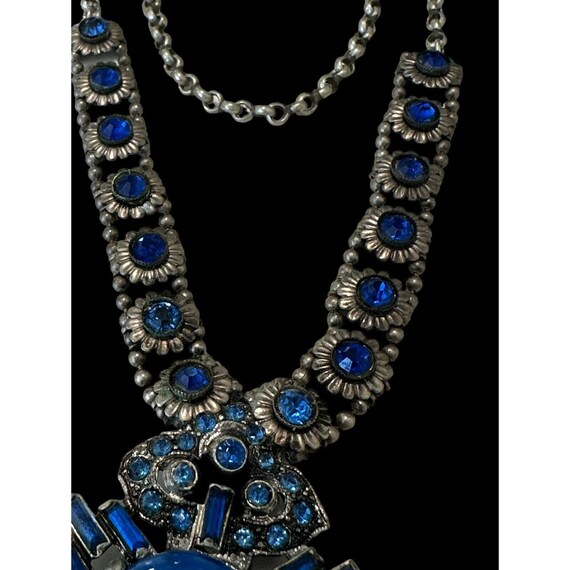Antique Pot Metal Necklace Blue Rhinestone Floral Cha… - Gem
