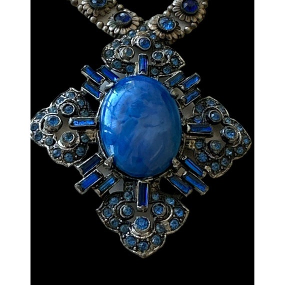 Antique Pot Metal Necklace Blue Rhinestone Floral Cha… - Gem