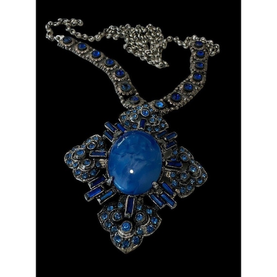 Antique Pot Metal Necklace Blue Rhinestone Floral Cha… - Gem