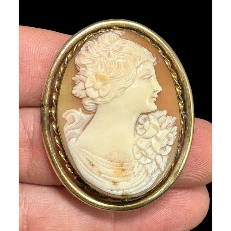 12k Gold Filled Carved Shell Cameo Brooch Pin Woman With Flowers ...