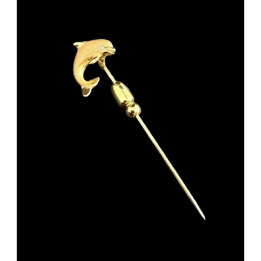 Brooch 14k Yellow Gold Dolphin Stick Pin Diamond Chip Eye Vintage Ocean ...
