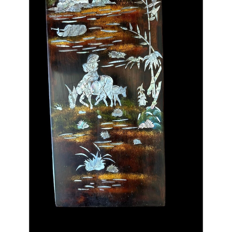 Vintage Asian Wall Panels Plaques Mother of Pearl Black Lacquer ...