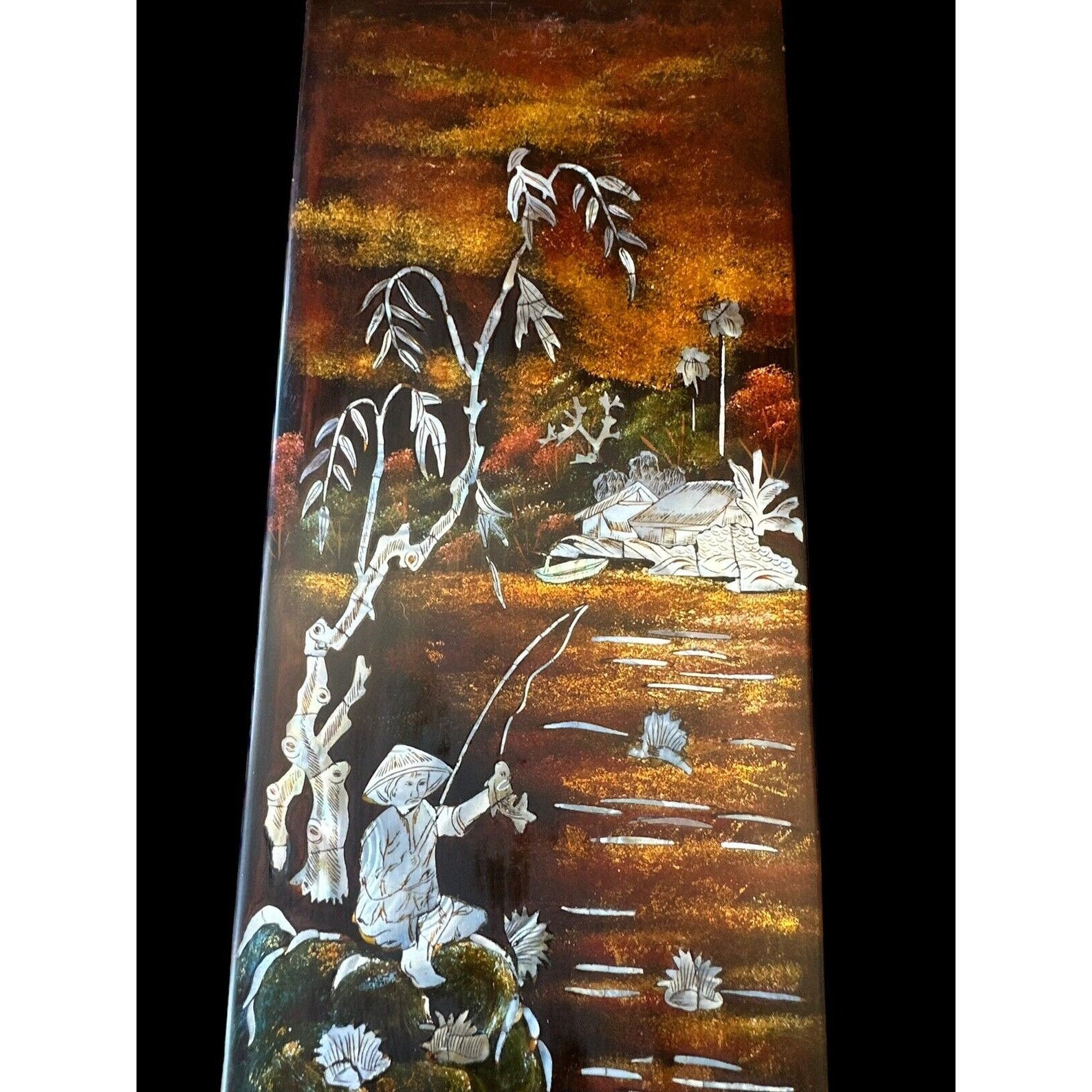 Vintage Asian Wall Panels Plaques Mother of Pearl Black Lacquer ...