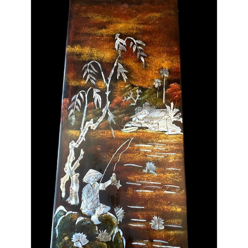 Vintage Asian Wall Panels Plaques Mother of Pearl Black Lacquer ...