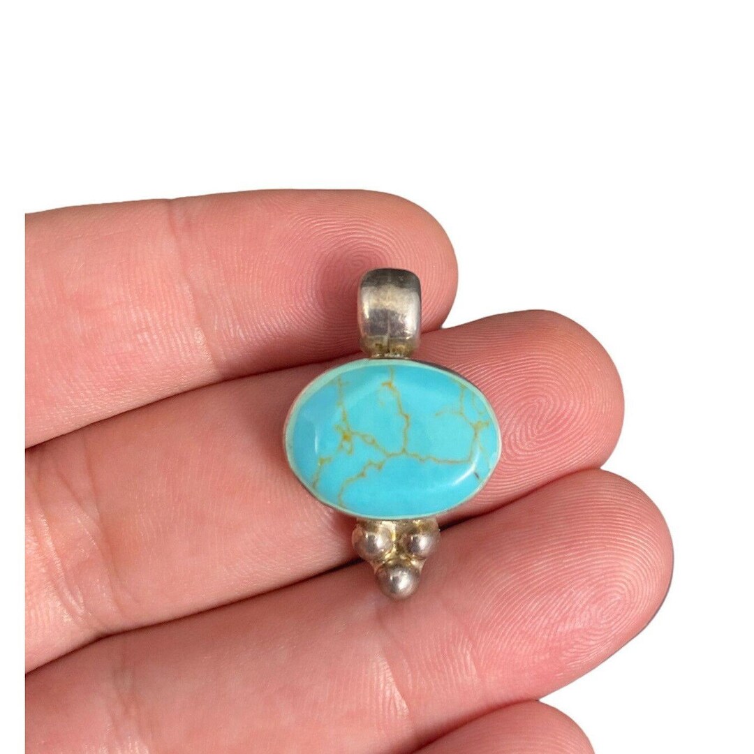 Ati Mexico 925 Turquoise Cab Pendant Ornate Studded Fine Vintage - Etsy