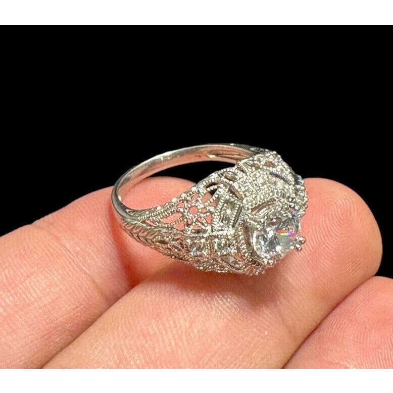 Signed MEDA 925 Ring Sterling Silver Clear CZ Cubic Zirconia Filigree ...