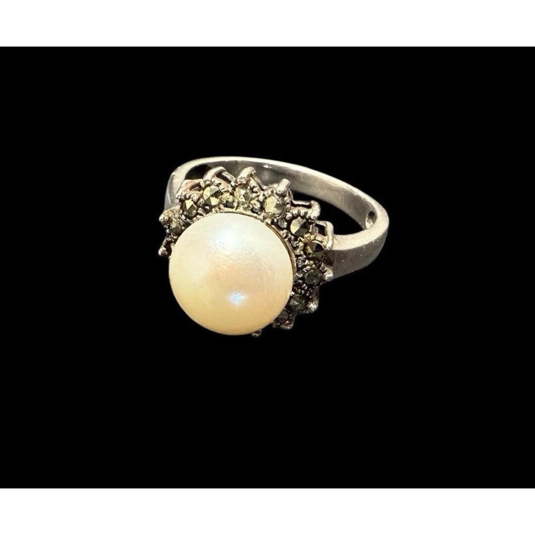 Felicia Designs 925 Marcasite Round Pearl Dome Ring Sterling Silver ...