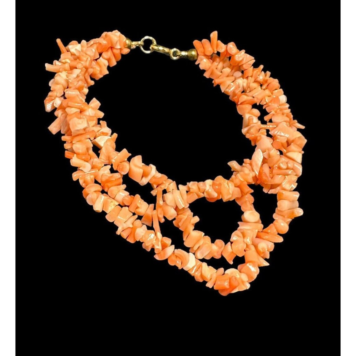 Three Row Natural Coral Chip Bracelet Gold Tone Clasp 7.5 in Vintage ...