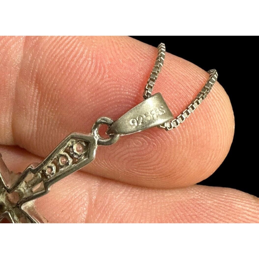 FAS 925 Italy Box Chain Necklace and CZ Cross Pendant Sterling Silver ...