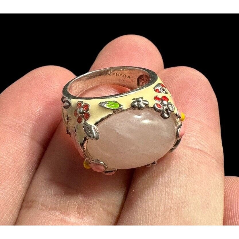 David Sigal Canada Ring Sterling Silver Rose Quartz Floral Enamel 925 ...