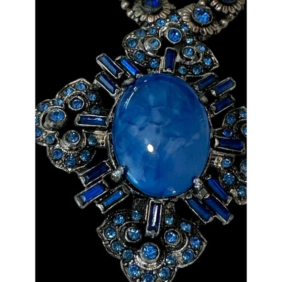 Antique Pot Metal Necklace Blue Rhinestone Floral Cha… - Gem