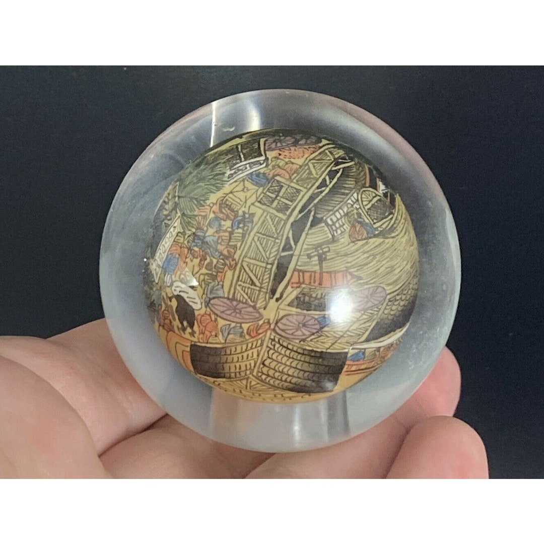 Vintage Chinese Paperweight Reverse Hand Painted Landscape Crystal Orb ...
