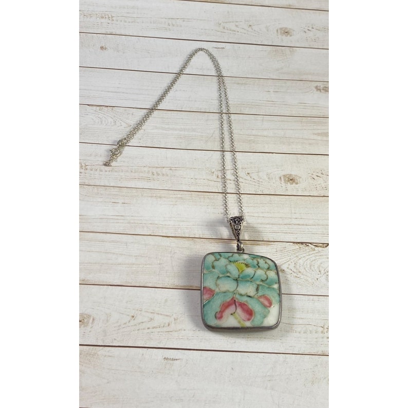 925 Chinese Porcelain Shard Square Pendant 18 Inch Chain Link Necklace ...