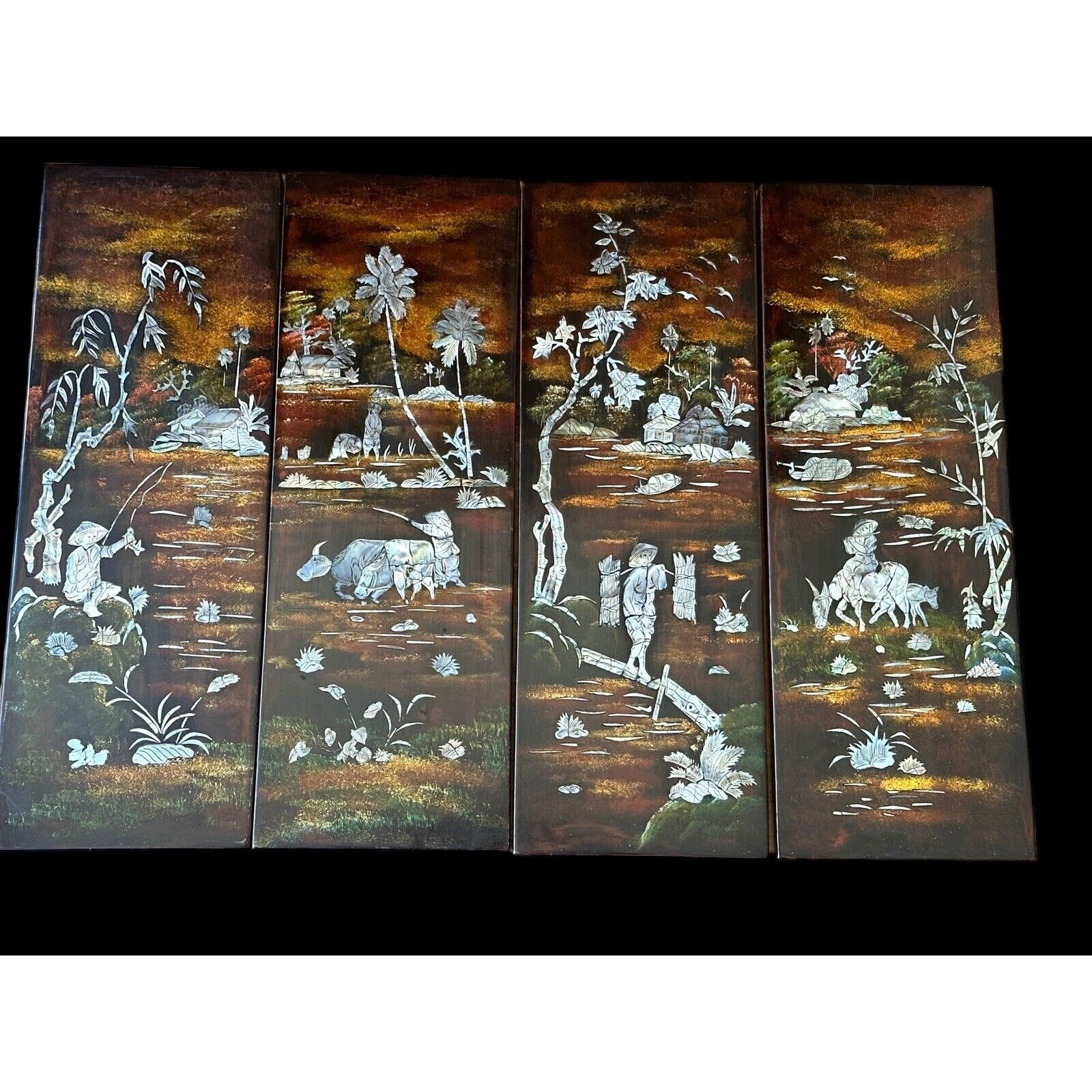Vintage Asian Wall Panels Plaques Mother of Pearl Black Lacquer ...