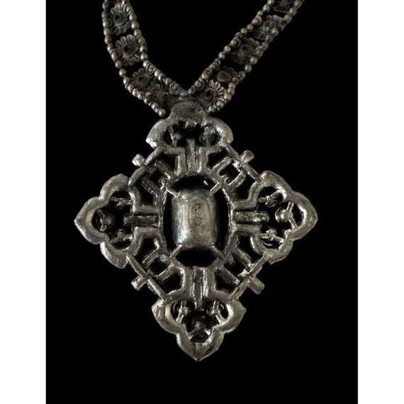 Antique Pot Metal Necklace Blue Rhinestone Floral Cha… - Gem