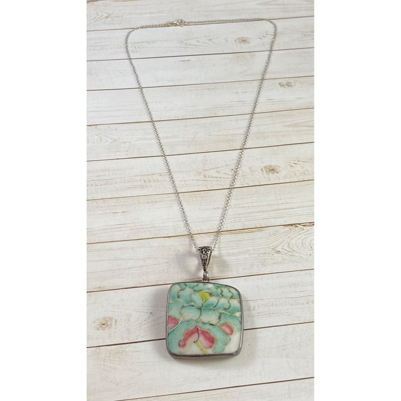 925 Chinese Porcelain Shard Square Pendant 18 Inch Chain Link Necklace ...