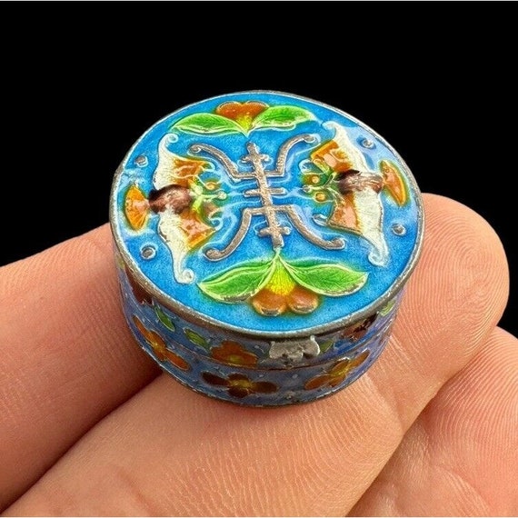Vintage Silver Hand Painted Chinese Cloisonne Round T… - Gem