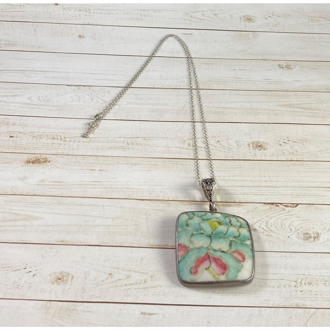 925 Chinese Porcelain Shard Square Pendant 18 Inch Chain Link Necklace ...