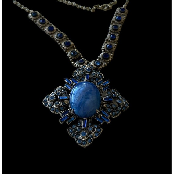 Antique Pot Metal Necklace Blue Rhinestone Floral Cha… - Gem