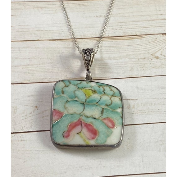 925 Chinese Porcelain Shard Square Pendant 18 inch Ch… - Gem