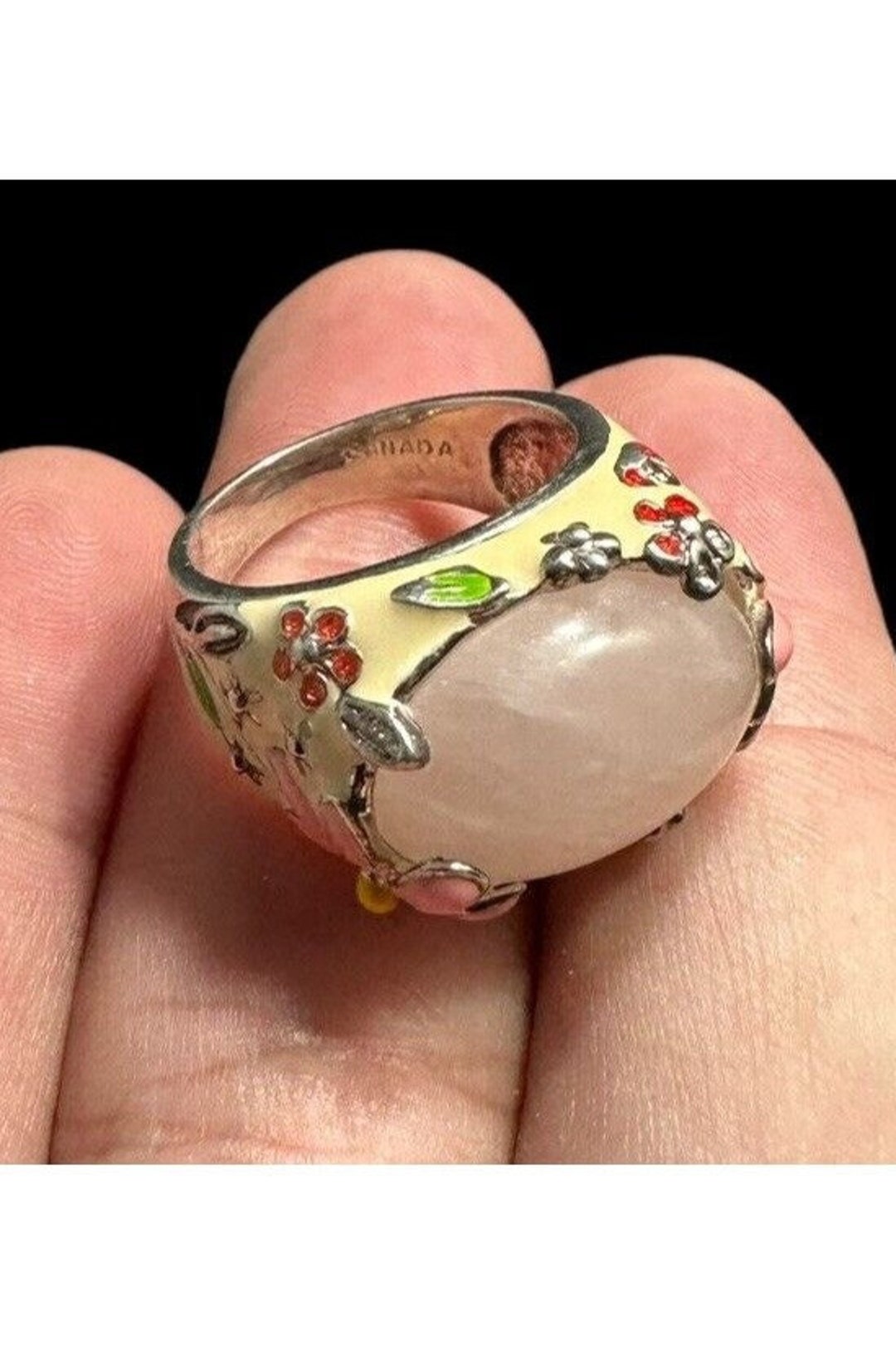 David Sigal Canada Ring Sterling Silver Rose Quartz Floral Enamel 925 ...