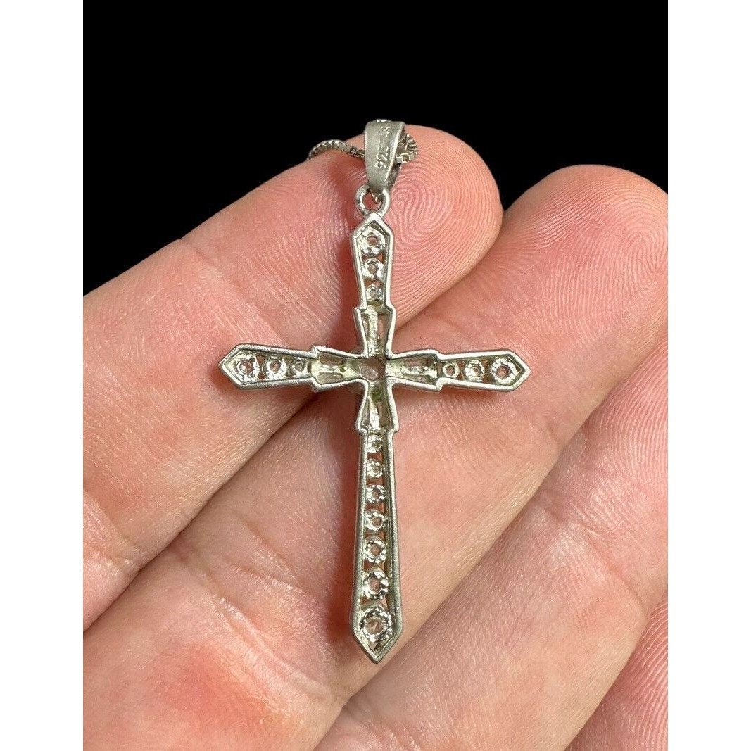 FAS 925 Italy Box Chain Necklace and CZ Cross Pendant Sterling Silver ...