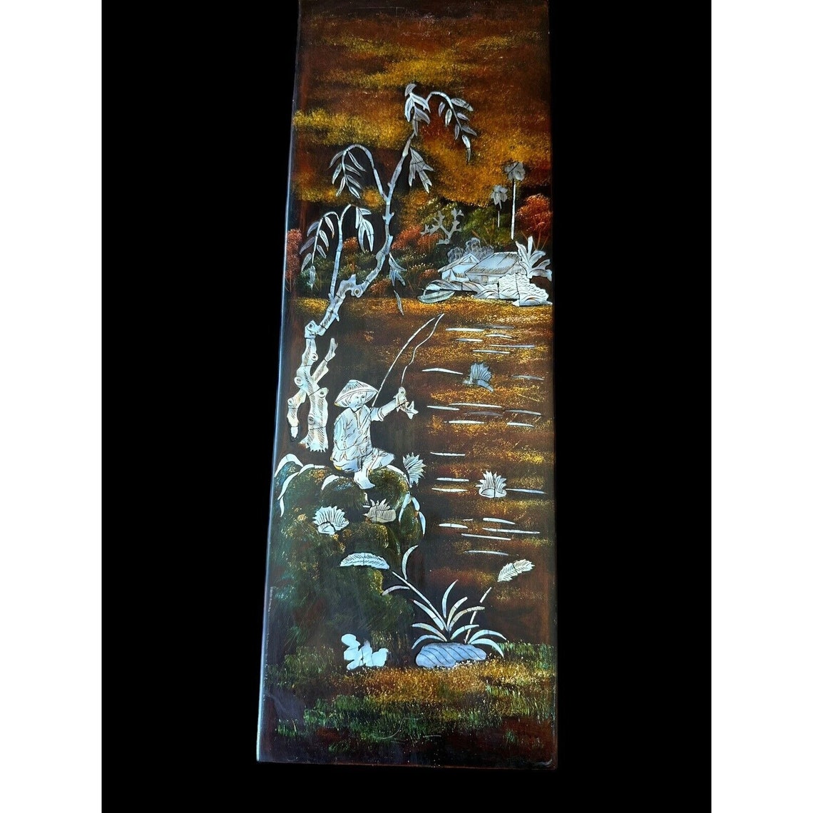 Vintage Asian Wall Panels Plaques Mother of Pearl Black Lacquer ...