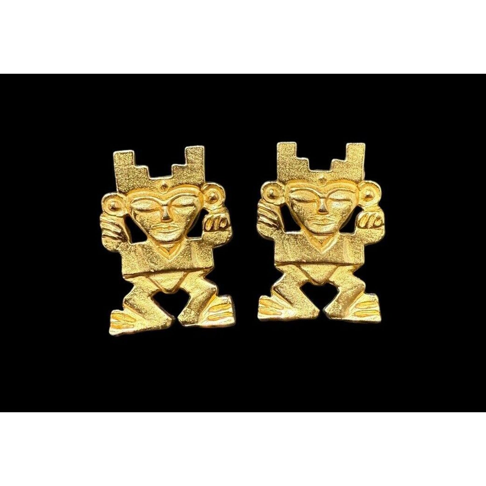 Vintage Mayan Revival Earrings Yellow Gold Plated Pierced Runway Ethnic ...