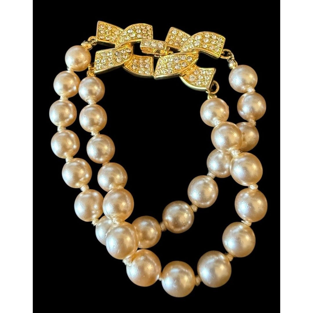 Vintage KJL Kenneth Jay Lane Pave Rhinestone Cream Pearls Bead Bracelet ...