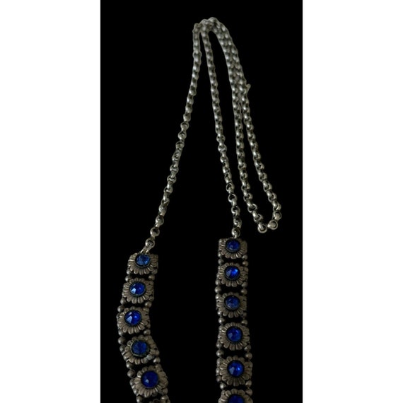 Antique Pot Metal Necklace Blue Rhinestone Floral Cha… - Gem
