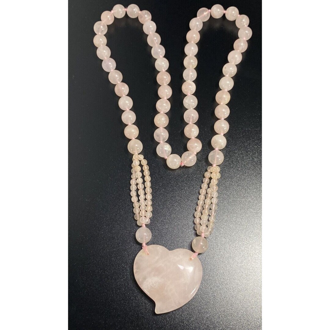 Rose Quartz Bead Necklace With Heart Shaped Pendant Hand Knotted Multi ...