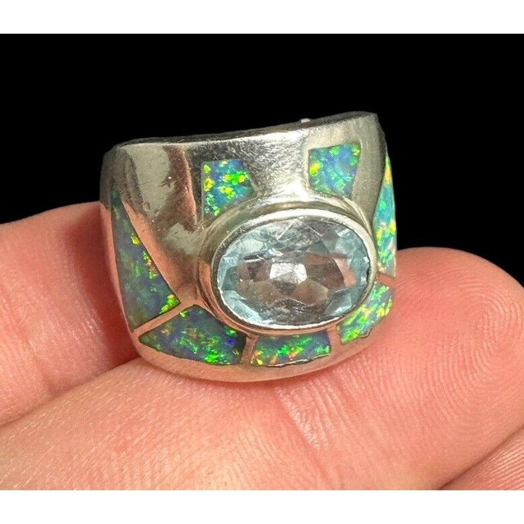Ring DAVID R FREELAND Sterling Silver Multi Stone Fire Opal Inlay Wide ...