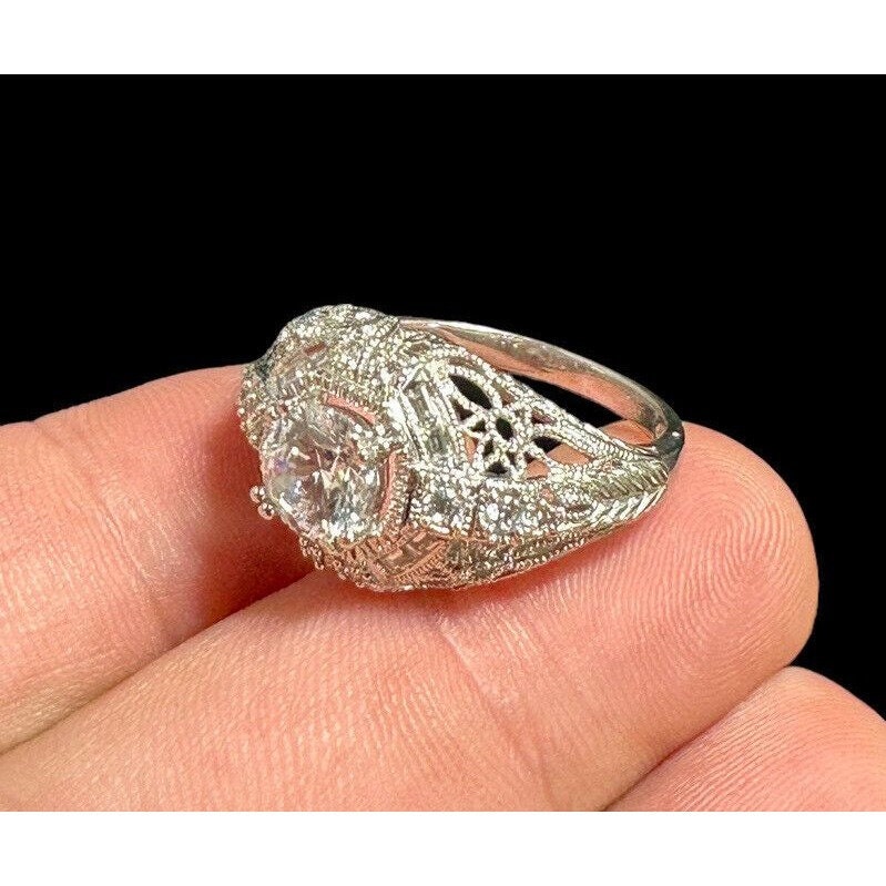 Signed MEDA 925 Ring Sterling Silver Clear CZ Cubic Zirconia Filigree ...