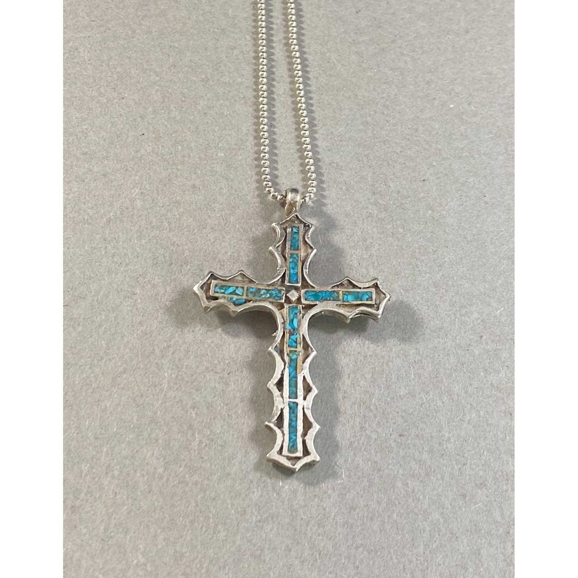 925 Turquoise Inlay Cross Necklace Ornate Pendant Sterling Round Beaded ...