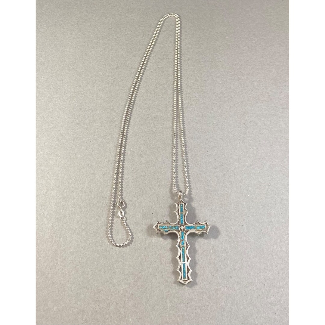 925 Turquoise Inlay Cross Necklace Ornate Pendant Sterling Round Beaded ...