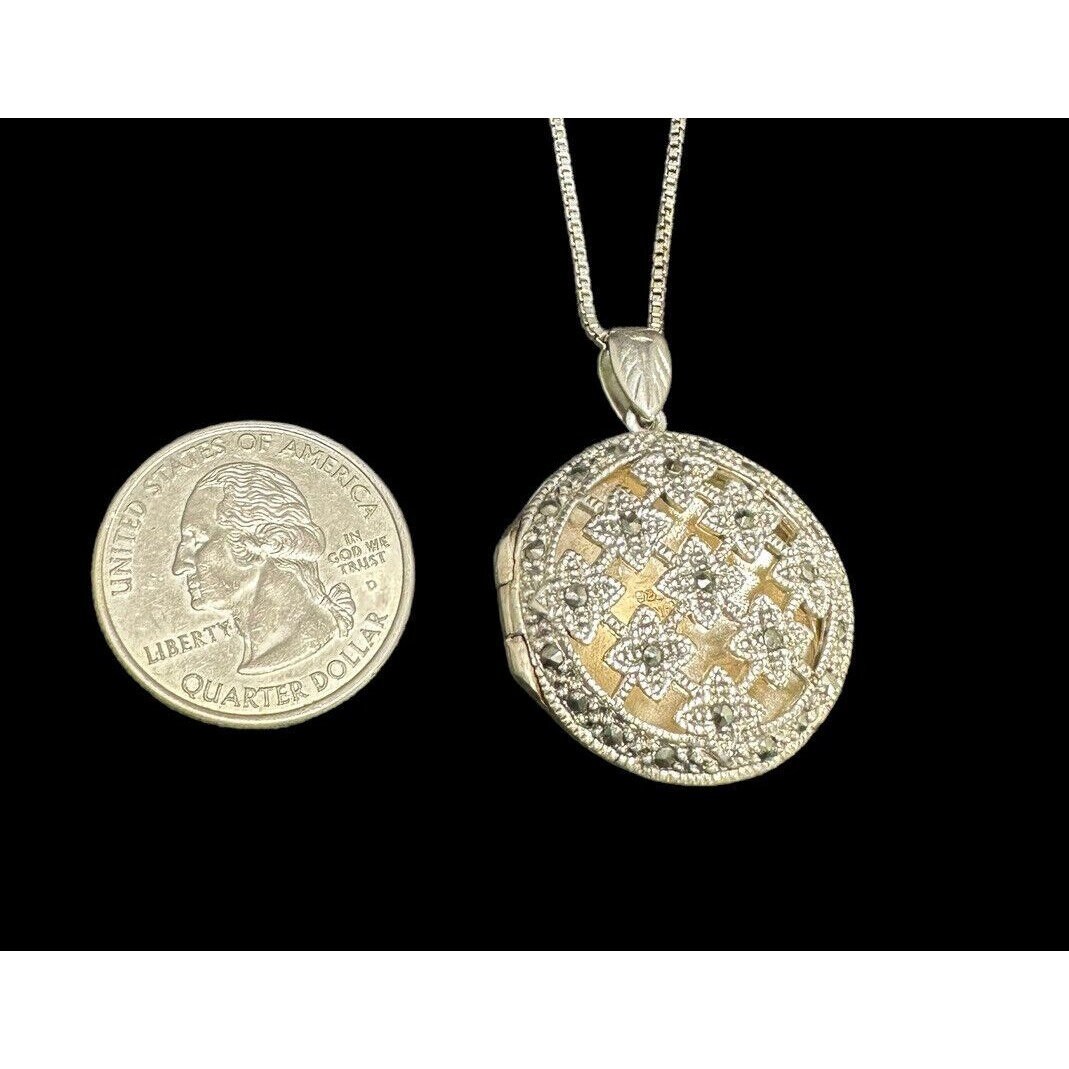 Signed LIND 925 Round Filigree Locket Pendant Box Chain Necklace 18 In ...