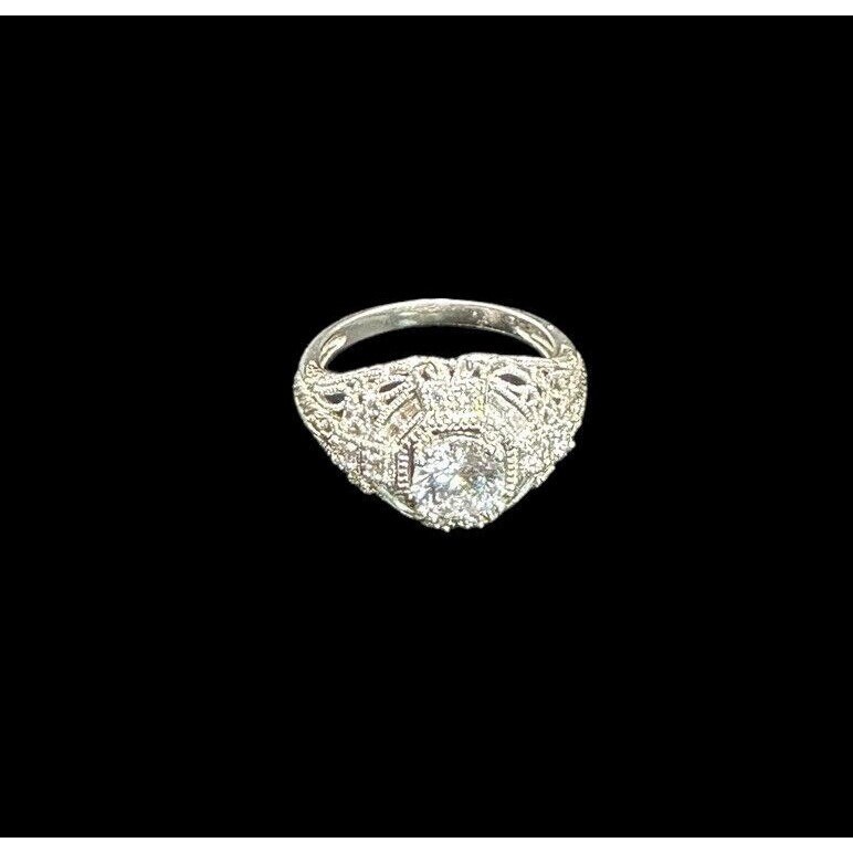 Signed MEDA 925 Ring Sterling Silver Clear CZ Cubic Zirconia Filigree ...