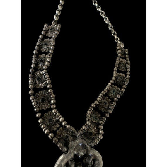 Antique Pot Metal Necklace Blue Rhinestone Floral Cha… - Gem
