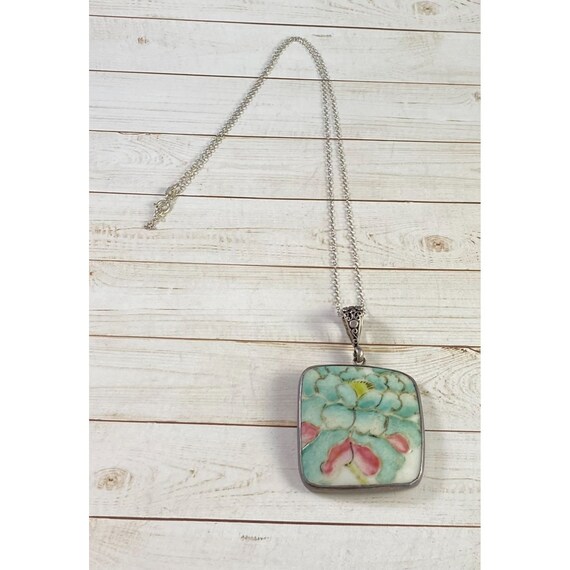 925 Chinese Porcelain Shard Square Pendant 18 inch Ch… - Gem