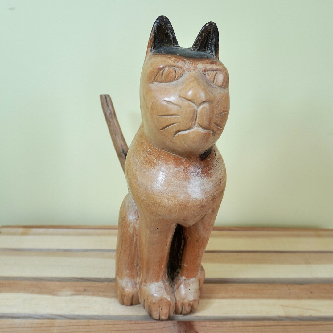 VTG Cat Primative Folk Art Style Carved Solid Wood Carving Large ...